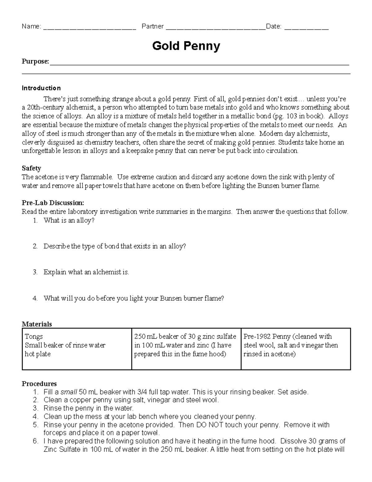 Gold Penny lab - Making an Alloy and Modeling Metallic Bonds - Name