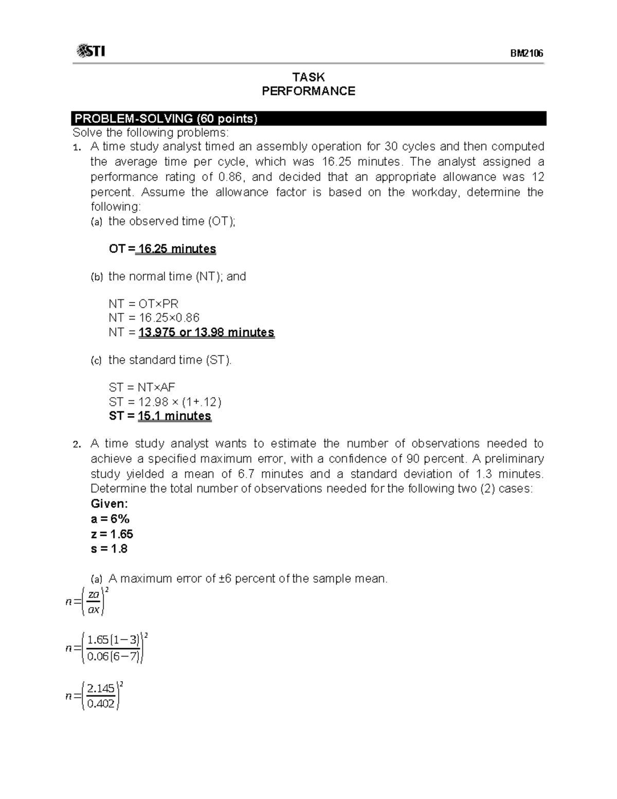 04 Task Performance 1(OM) - TASK PERFORMANCE PROBLEM-SOLVING (60 points) Solve the following ...