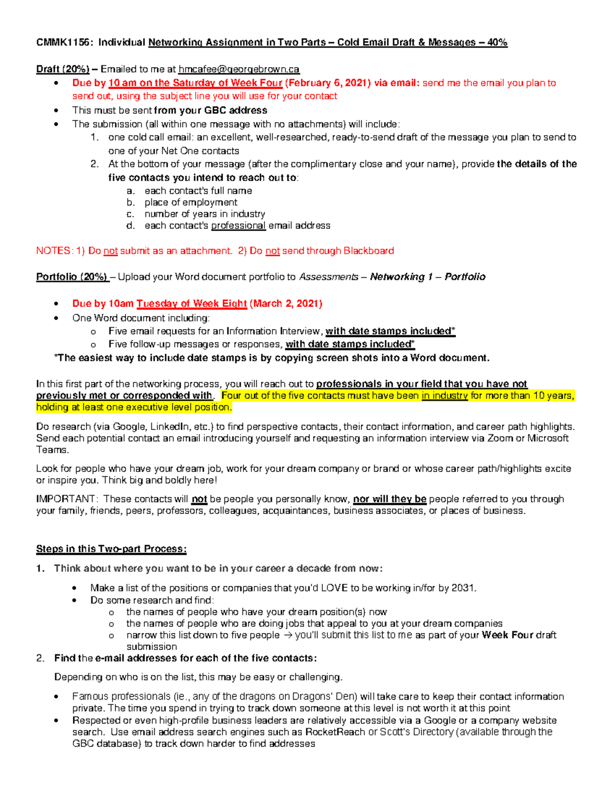 Individual Networking Assignment: Cold Email Draft Messages - Studocu