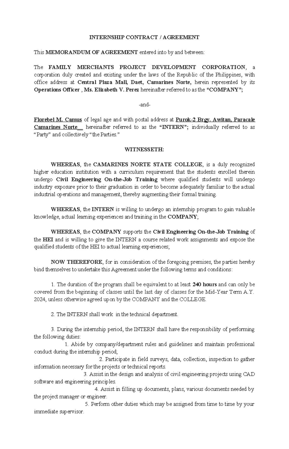 THIS is a contract in internship example for ojt and there are so many ...