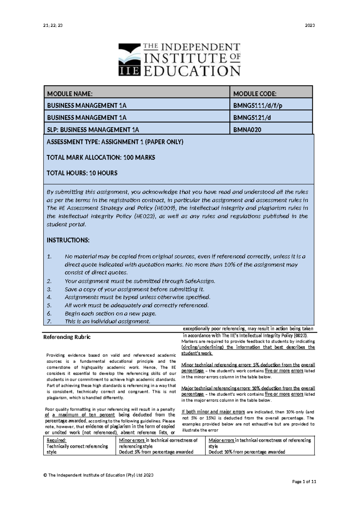 Business assignent - MODULE NAME: MODULE CODE: BUSINESS MANAGEMENT 1A ...
