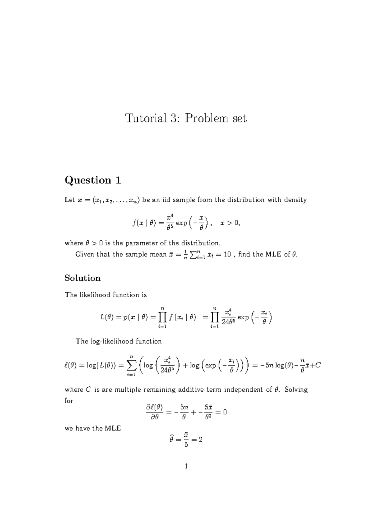 Tutorial 3 analytical problem solution - Tutorial 3: Problem set ...