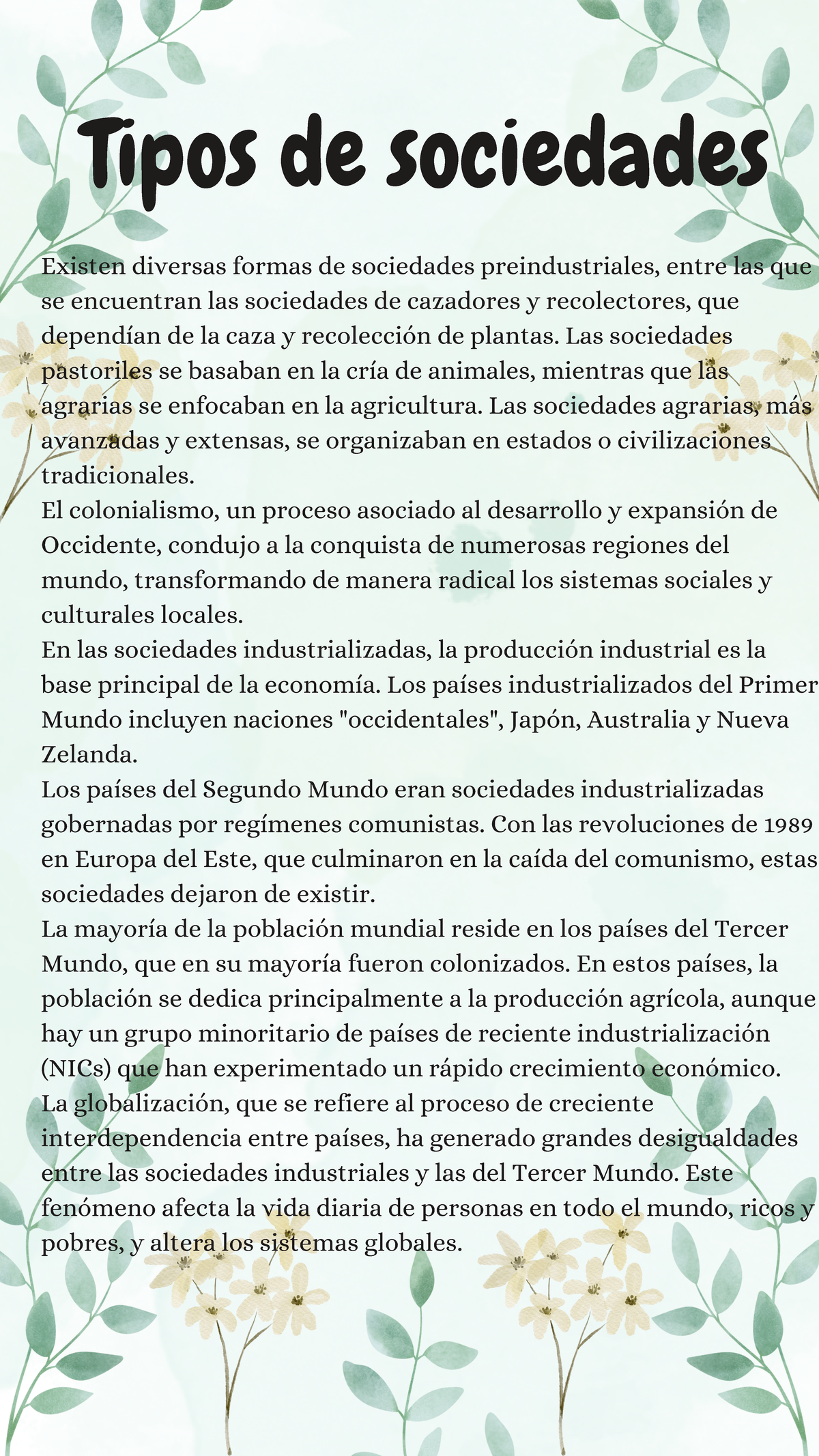 Resumen de tipo de sociedades - Existen diversas formas de sociedades preindustriales, entre las ...