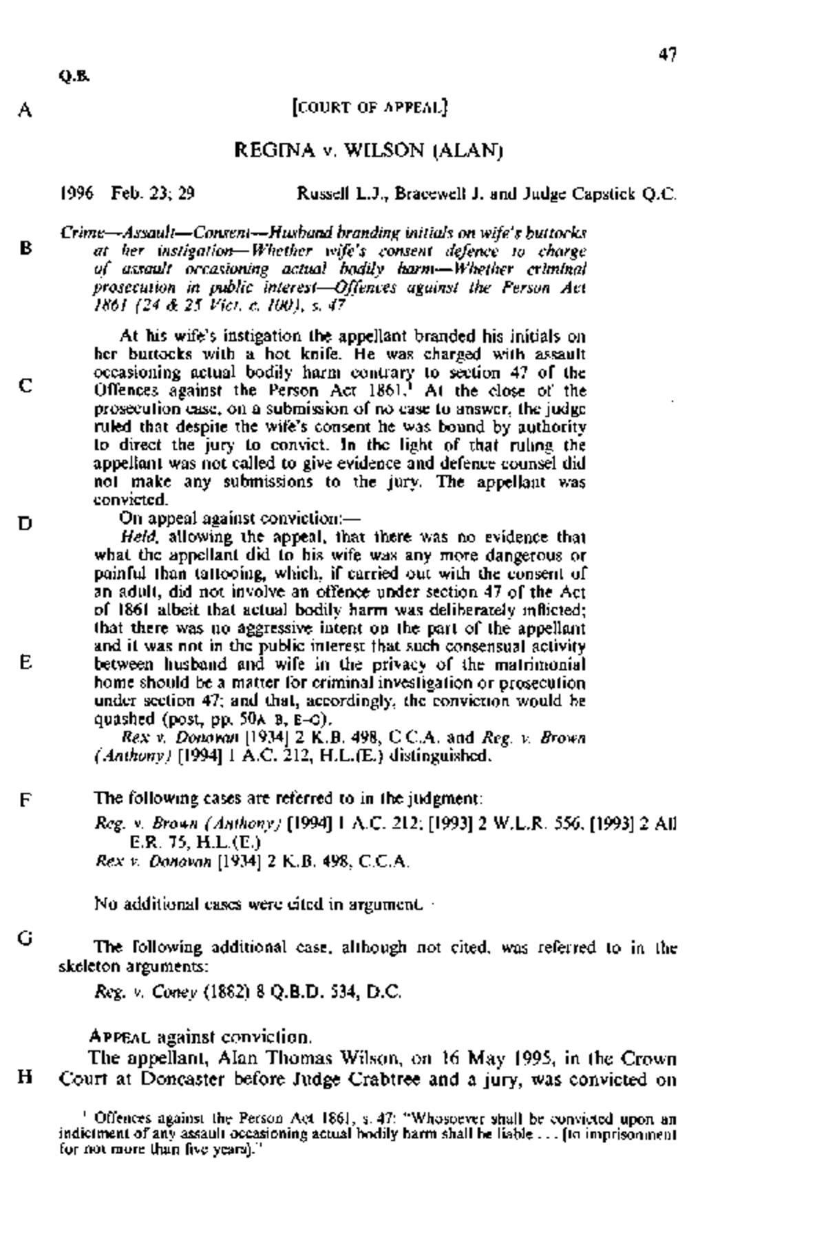 R. v Wilson (Alan Thomas), [1997] Q.B. 47m - Q. A [COURT OF APPEAL] R E ...