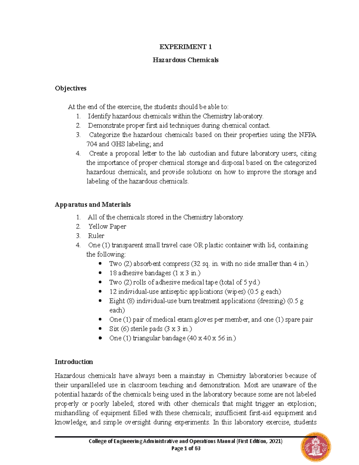 CHEM111 Chemistry for Engineers - EXPERIMENT 1 Hazardous Chemicals ...