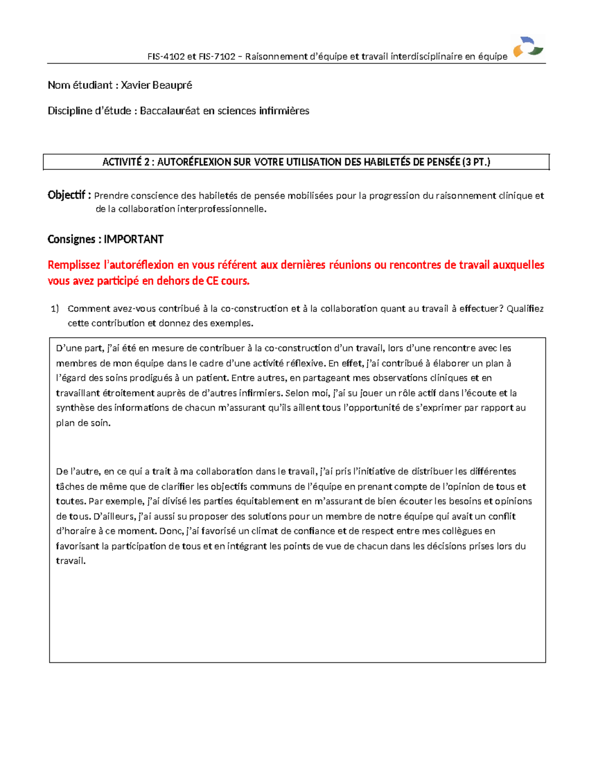 FIS-II Activité 2 nov2021 - FIS-4102 et FIS-7102 – Raisonnement d’équipe et travail - Studocu