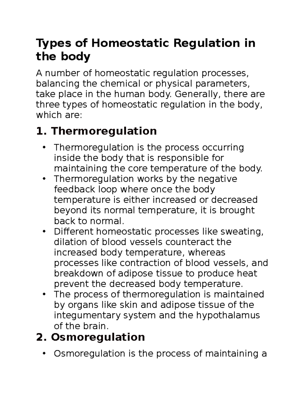 Bio 12 - Notes - Types of Homeostatic Regulation in the body A number ...