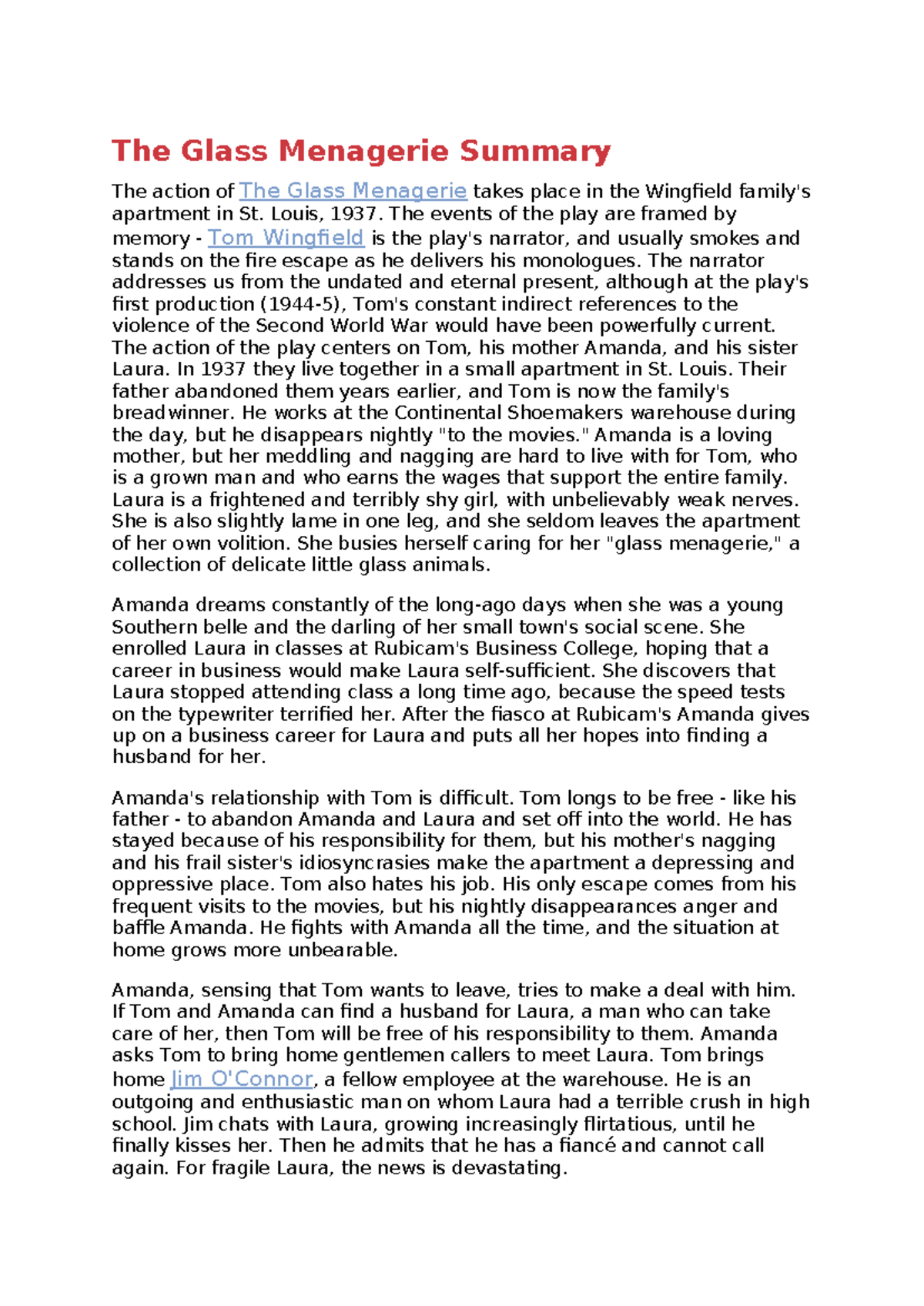 The Glass Menagerie Summary - Louis, 1937. The events of the play are ...