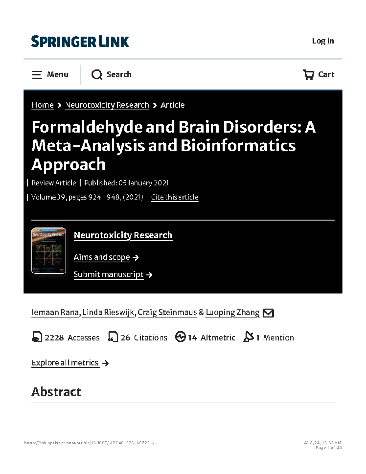 Formaldehyde and Brain Disorders- A Meta-Analysis and Bioinformatics ...