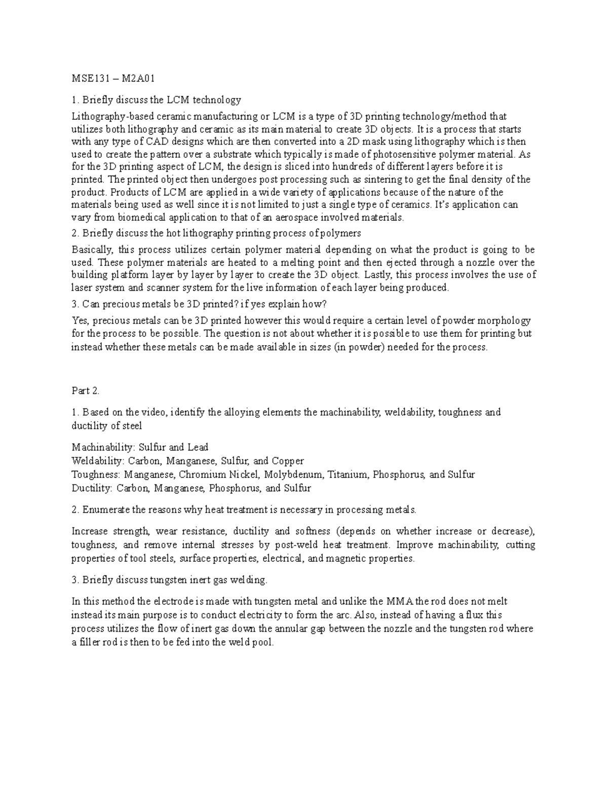MSE131 M2-A01 - Module 2 Activity 1 - MSE131 – M2A Briefly discuss the ...