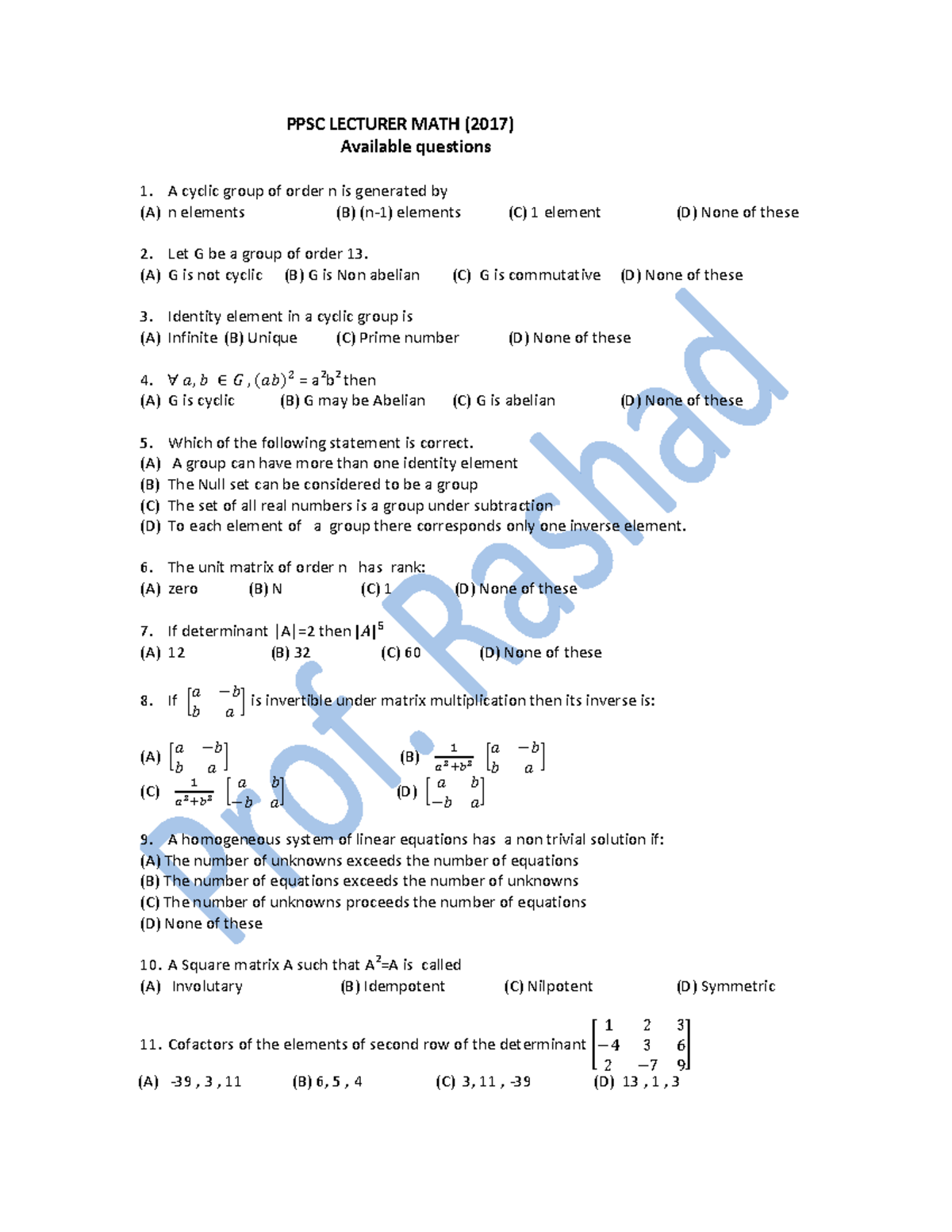 PPSC Lecturer MATH - A great Lectures - PPSC LECTURER MATH (2017) Available questions A cyclic ...