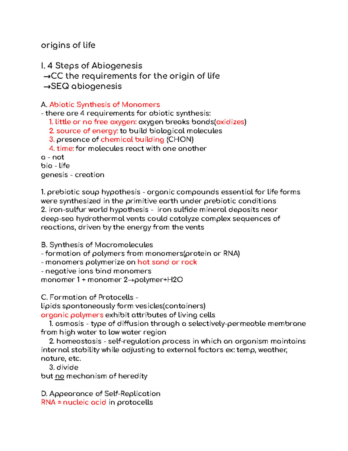 Chapter 4 origin of life - origins of life I. 4 Steps of Abiogenesis → ...