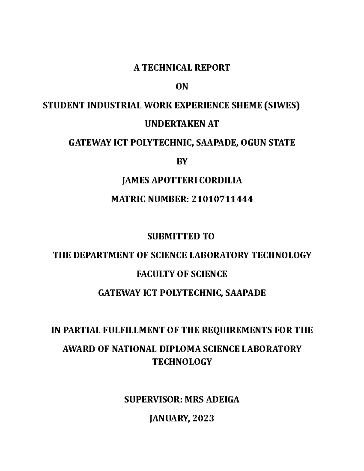 SLT james - Siwes report - A TECHNICAL REPORT ON STUDENT INDUSTRIAL ...
