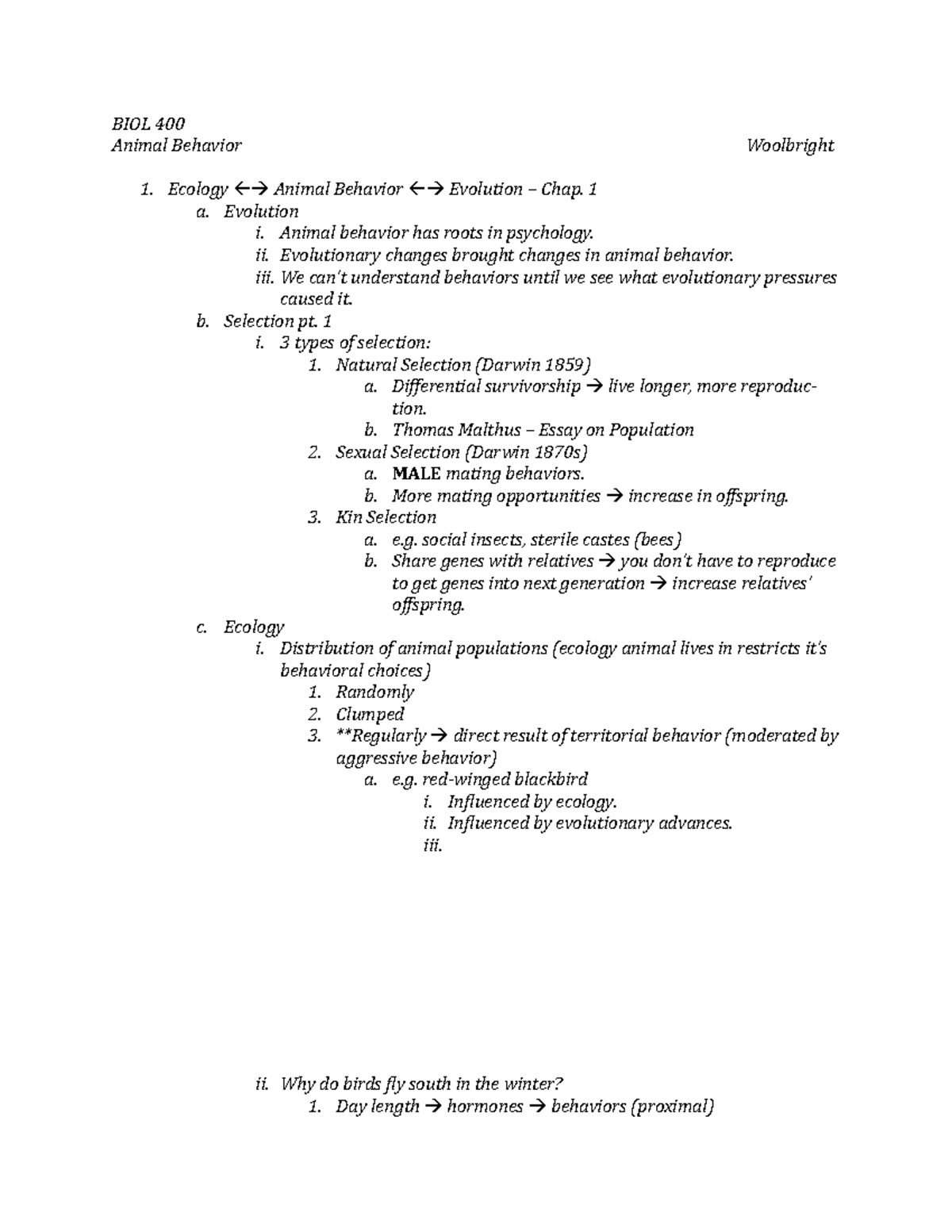 Animal Behavior Lecture Notes - BIOL 400 Animal Behavior Woolbright 1 ...