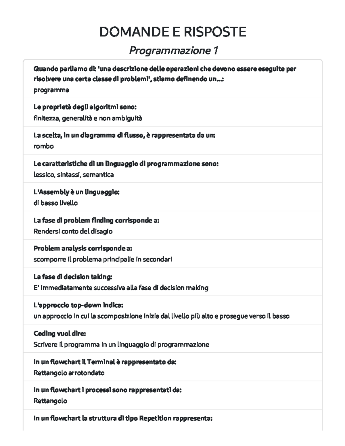 Alcune delle domande/risposte esame Programmazione 1 Unipegaso - DOMANDE E RISPOSTE P rogr a mm ...