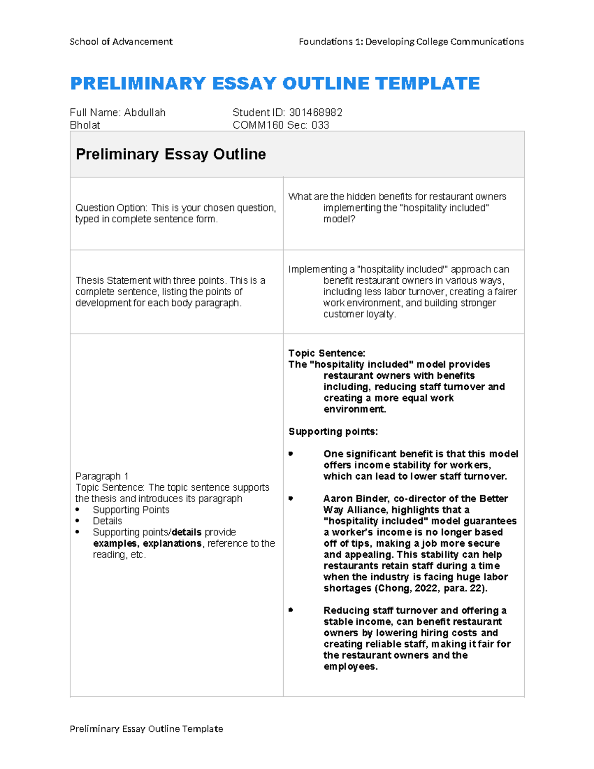 Essay Outline take 2 - Summary College Communications 1 - School of ...