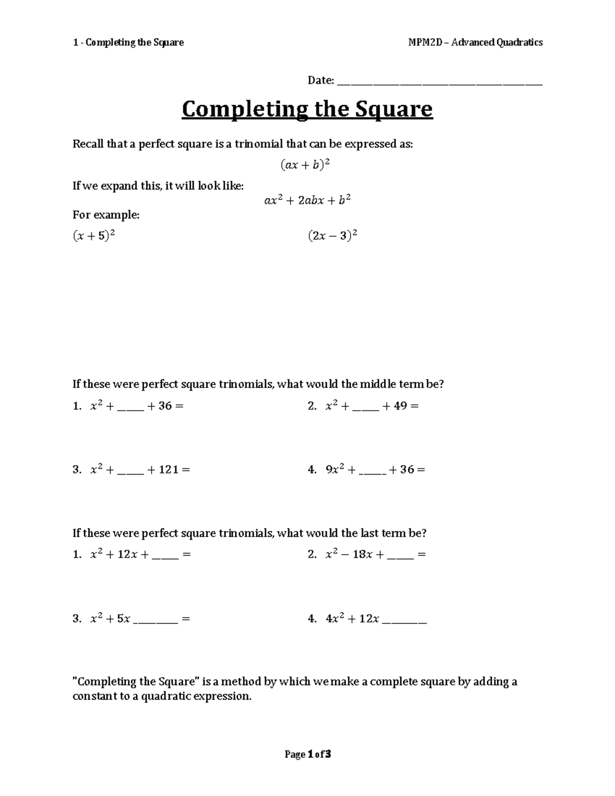 01 - Completing the Square - %)+ ______ + 49 = 3. %)+ ______ + 121 = 4 ...