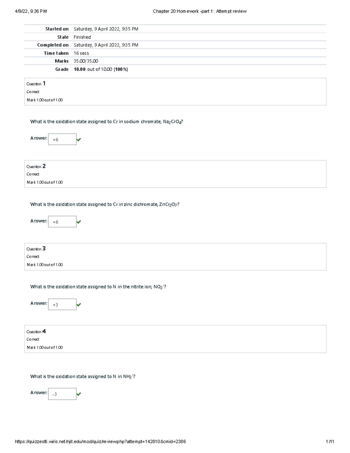 Chapter 20 Homework -part 1 - Started on Saturday, 9 April 2022, 9:35 ...