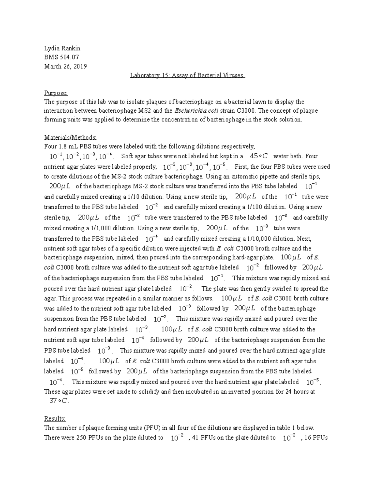 Laboratory 15 - Lab Report - Lydia Rankin BMS 504. March 26, 2019 ...