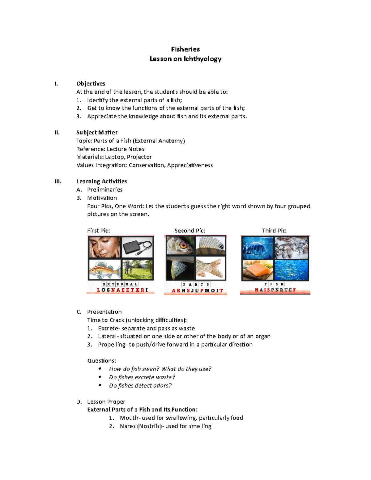 SEMI Detailed Lesson PLAN HBT - Fisheries Lesson on Ichthyology I ...