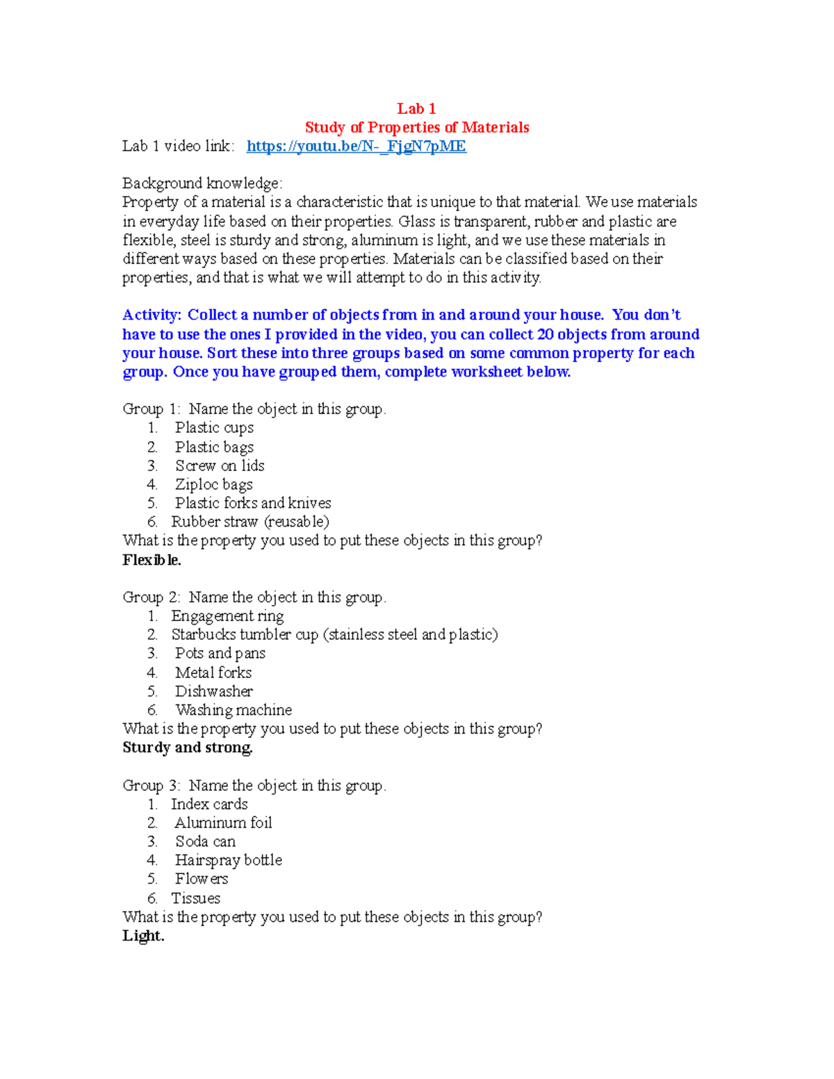 Lab 1 Materials and Properties Worsheet-1 - Lab 1 Study of Properties ...