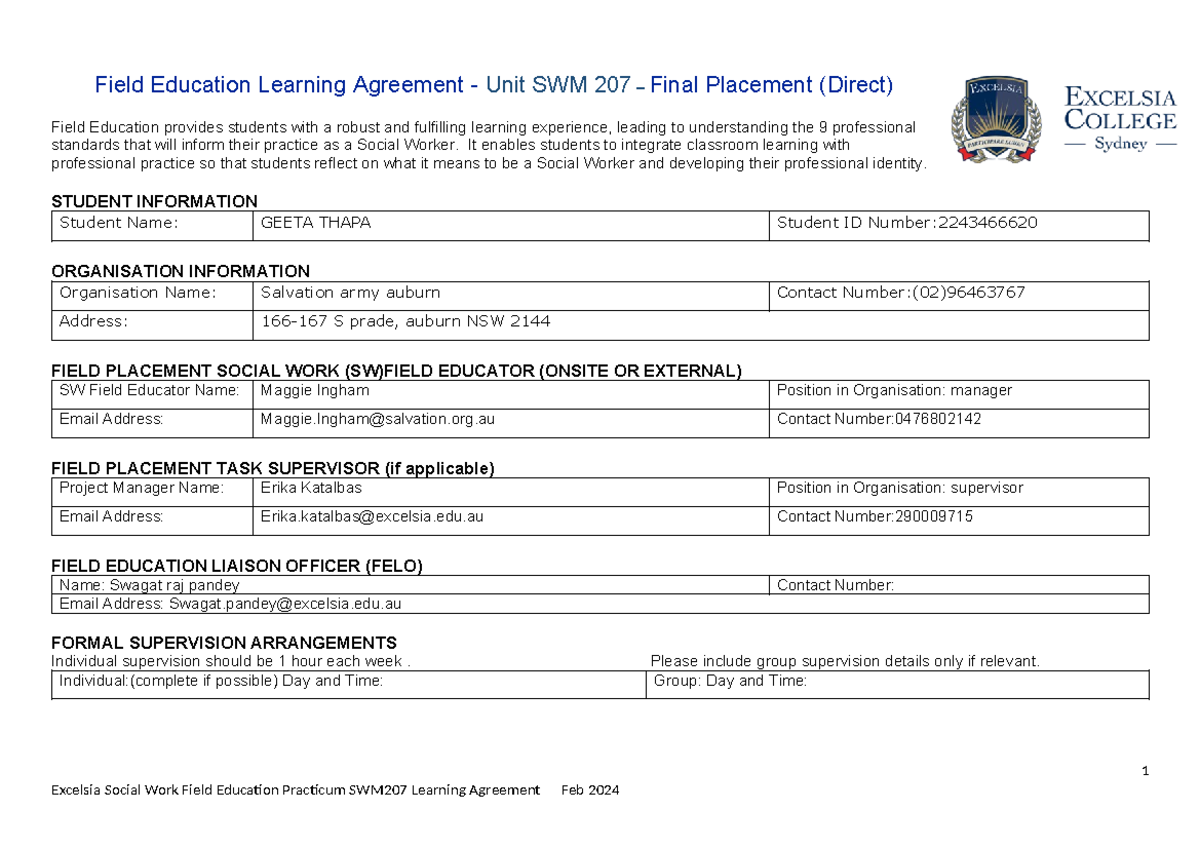 122A - final placement - Field Education Learning Agreement - Unit SWM ...