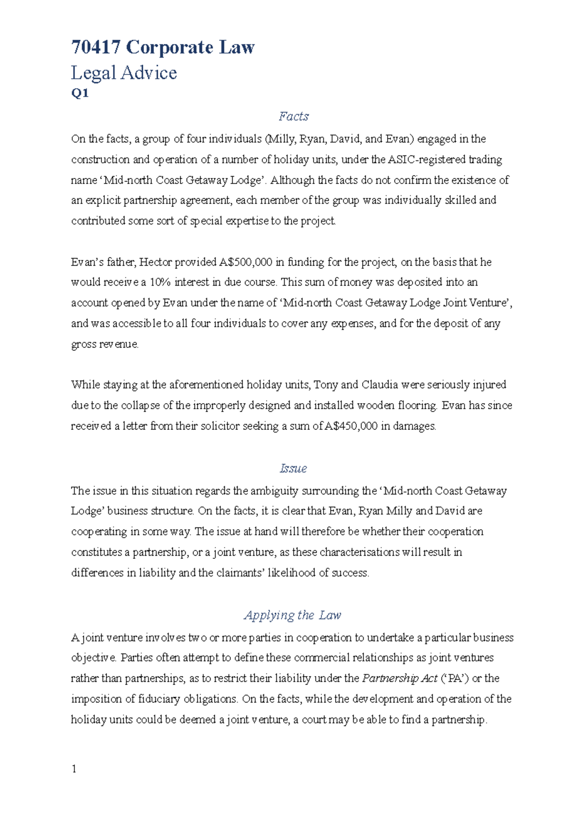 Legal Advice - 70417 Corporate Law Legal Advice Q Facts On the facts, a ...