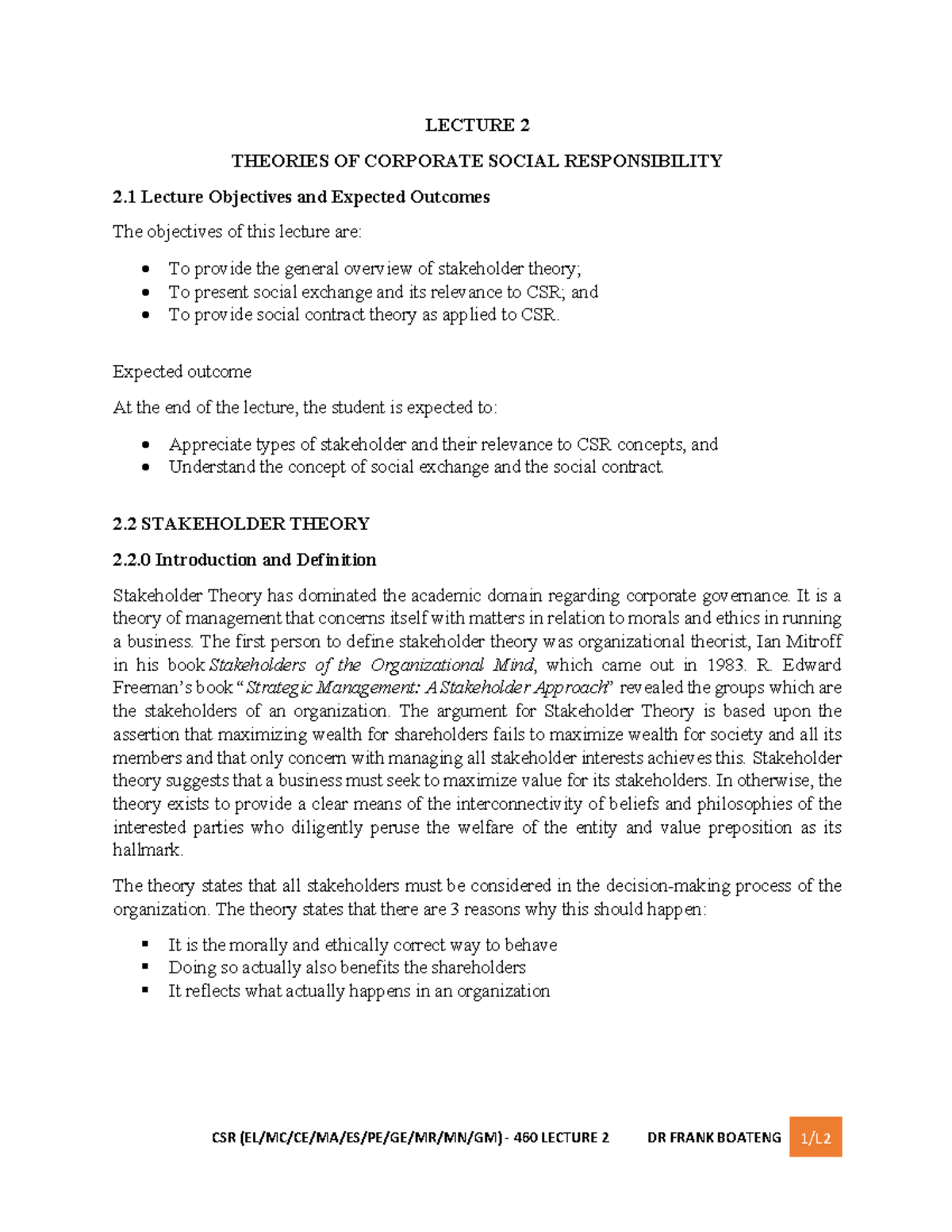 Lecture 2 Theories OF CSR - LECTURE 2 THEORIES OF CORPORATE SOCIAL RESPONSIBILITY 2 .1 Lecture ...