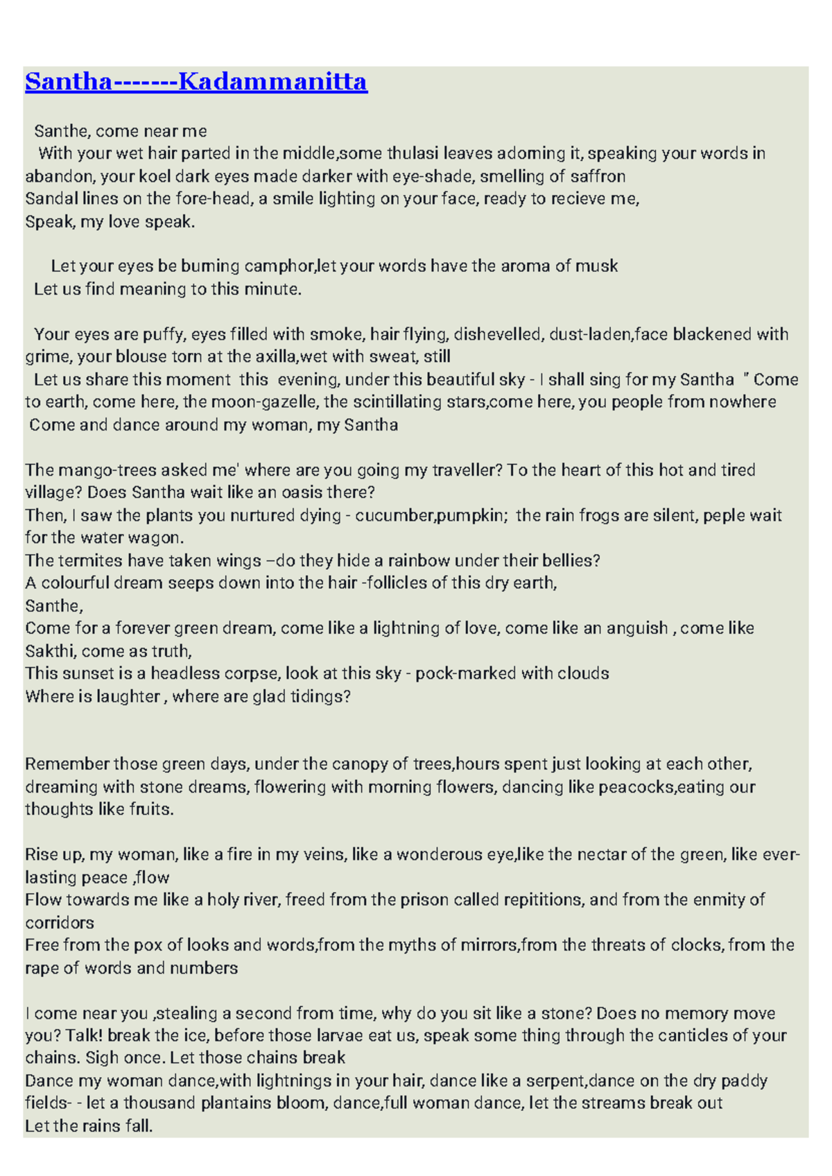 Shanta - A poem - Santha-Kadammanitta Santhe, come near me With your ...