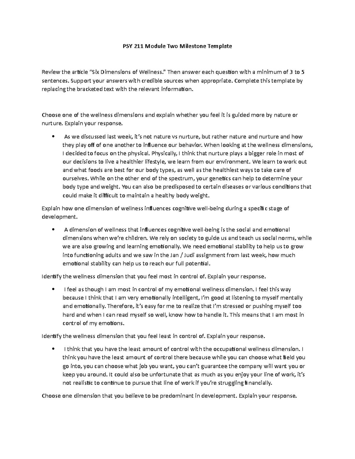 Life Span Module Two Milestone - PSY 211 Module Two Milestone Template ...