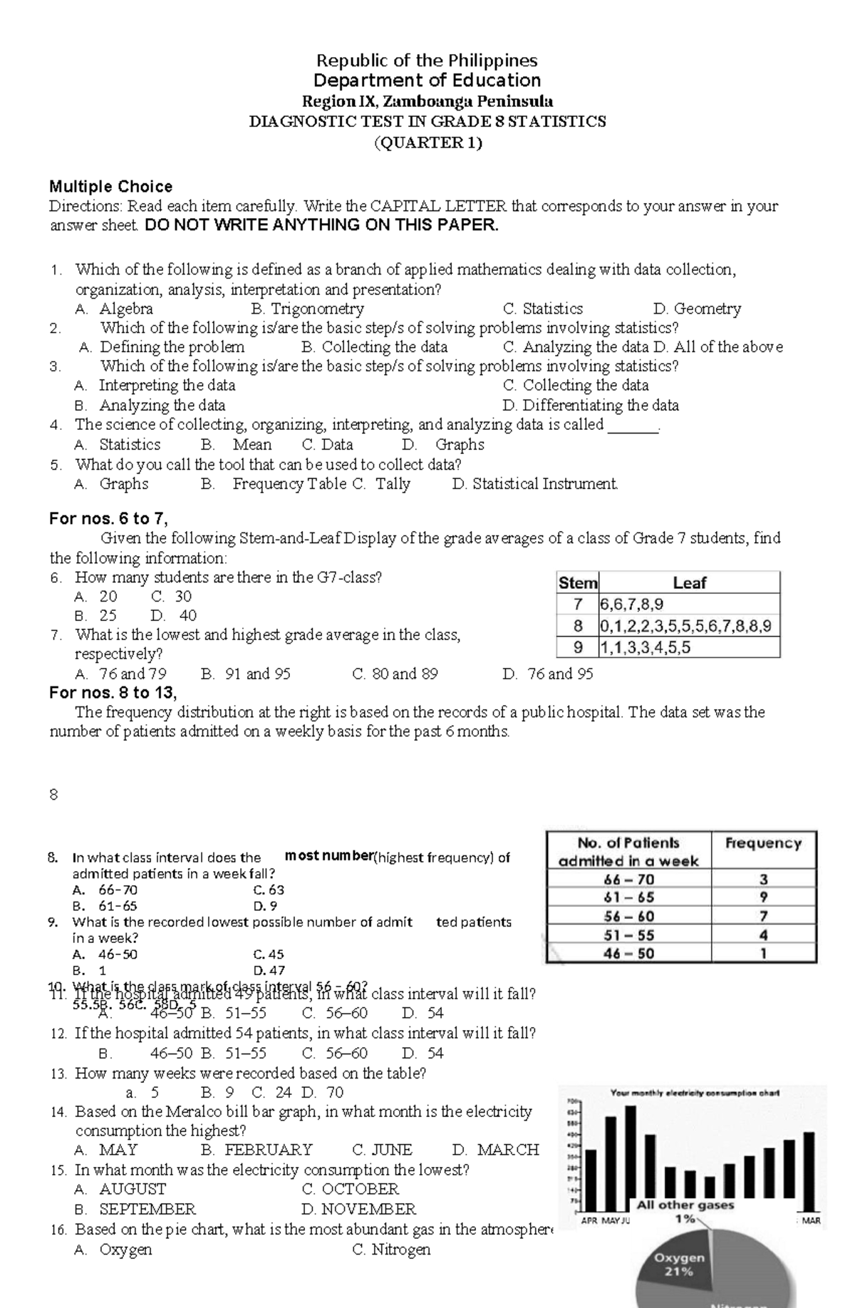 Grade 8 Statistics Diagnostic Test 2024-2025 copy - 8. In what class ...