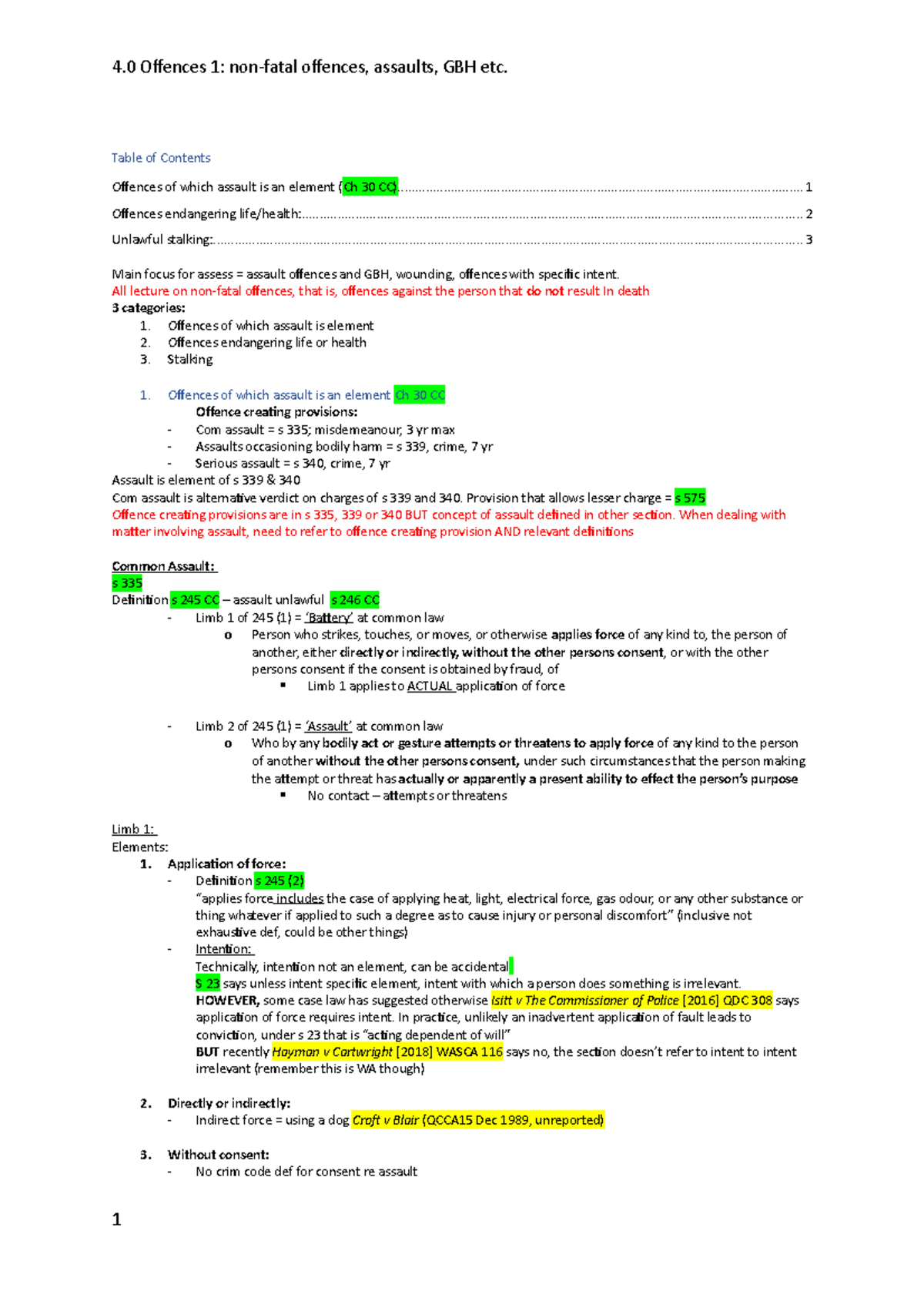 4.0 Offences 1- non-fatal offences, assaults, GBH etc. - Table of ...