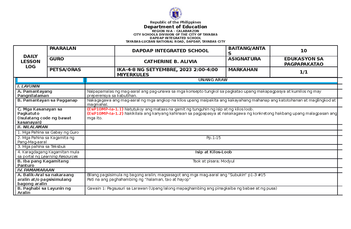 SEPT 04 08 2023 ESP10 - ... - Republic of the Philippines Department of ...