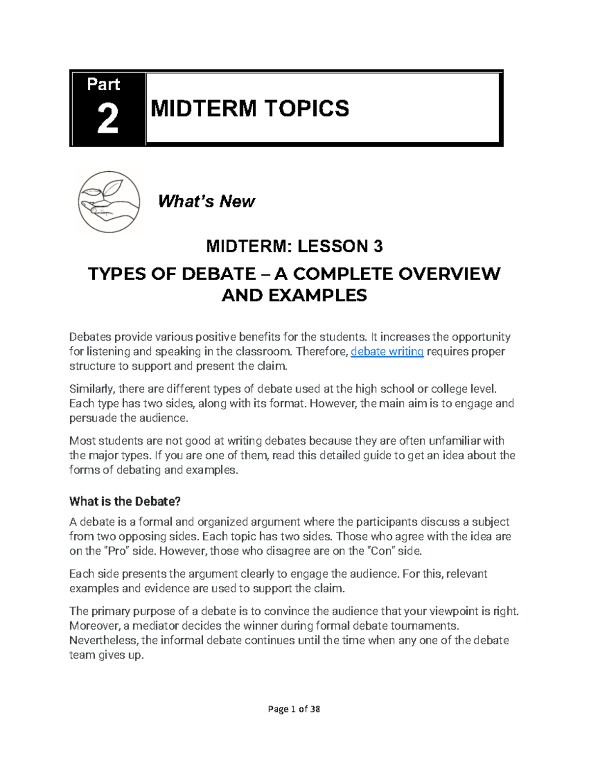 Purposive COMM. Handouts Lesson Types of Debate - Part 2 MIDTERM TOPICS ...