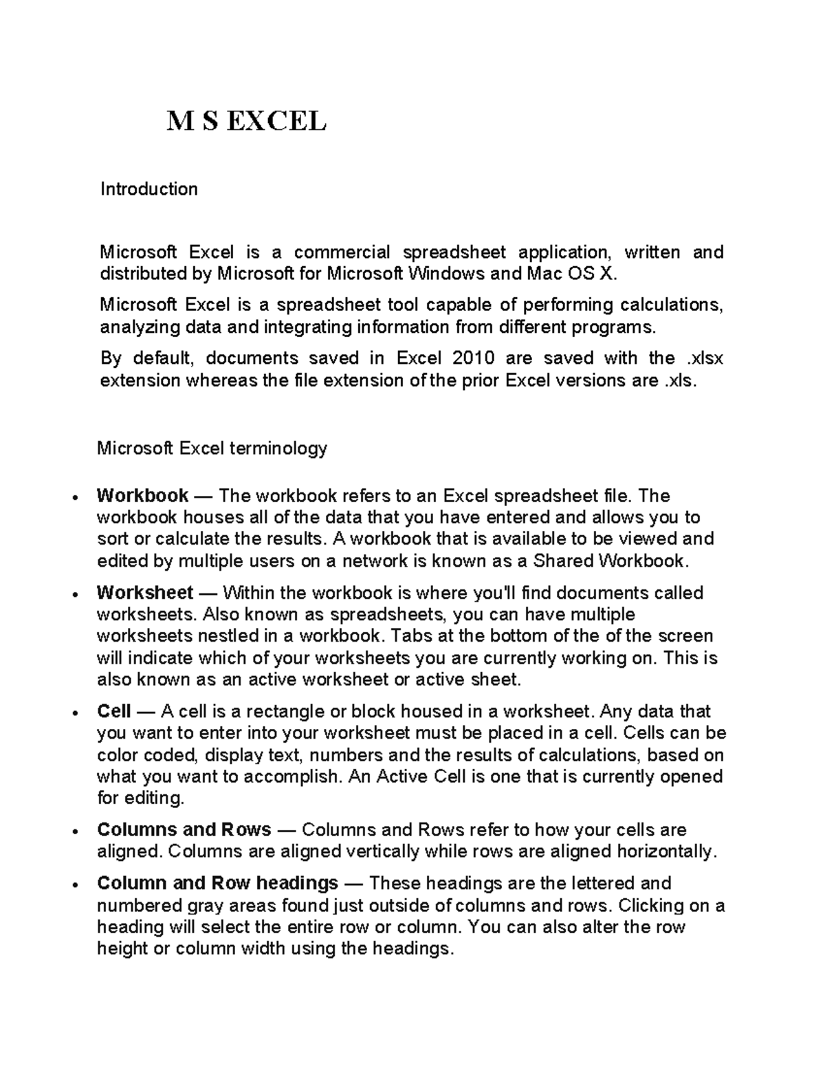 561257040 Ms Excel Notes - M S EXCEL Introduction Microsoft Excel is a ...