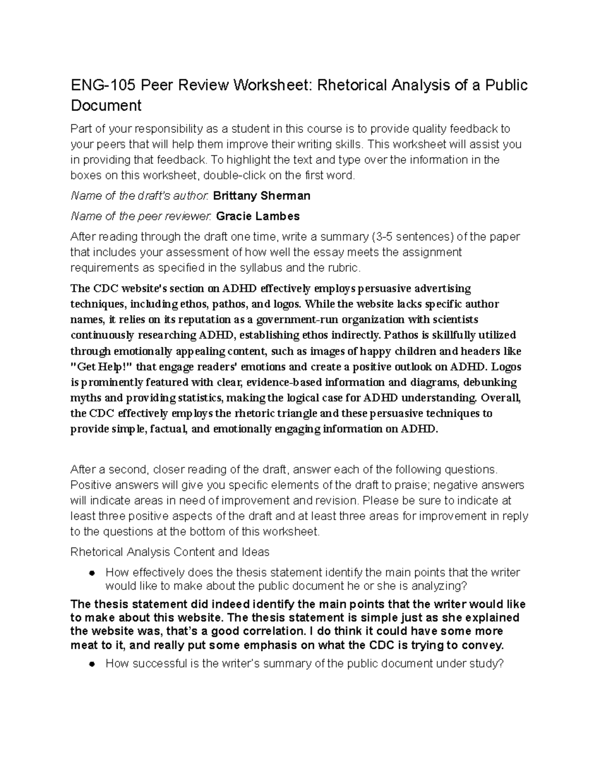 Peer Review Assignment - ENG-105 Peer Review Worksheet: Rhetorical ...