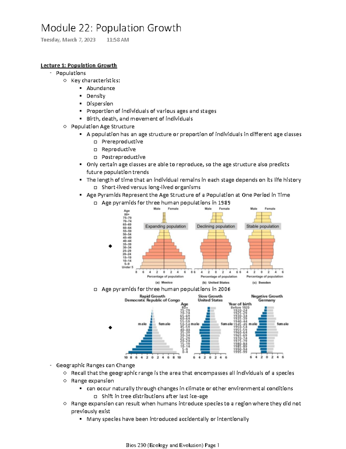 Bios 230 (Ecology and Evolution) Module 22 - Lecture 1: Population ...