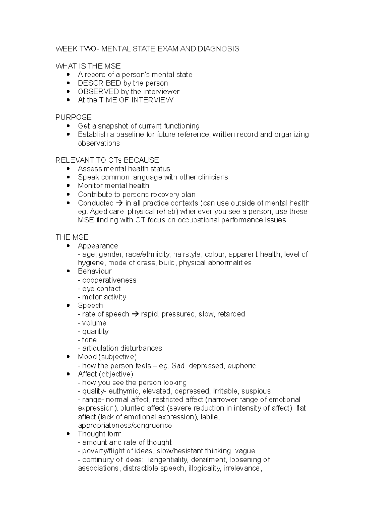 neuropsych notes intro - WEEK TWO- MENTAL STATE EXAM AND DIAGNOSIS WHAT ...