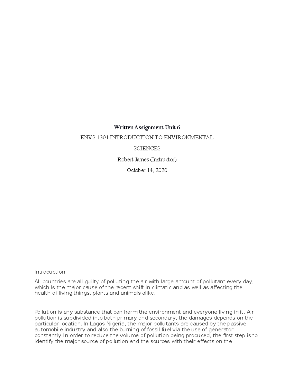 Written Assignment UNIT 6 ENVS1301 - Written Assignment Unit 6 ENVS 1301 INTRODUCTION TO - Studocu