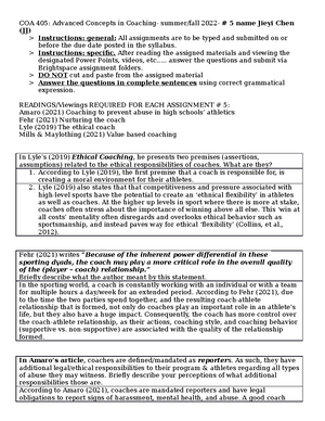 COA 405 assignment #2 2022 - COA 405: Advanced Concepts in Coaching- summer/fall 2022- # 2 Name ...