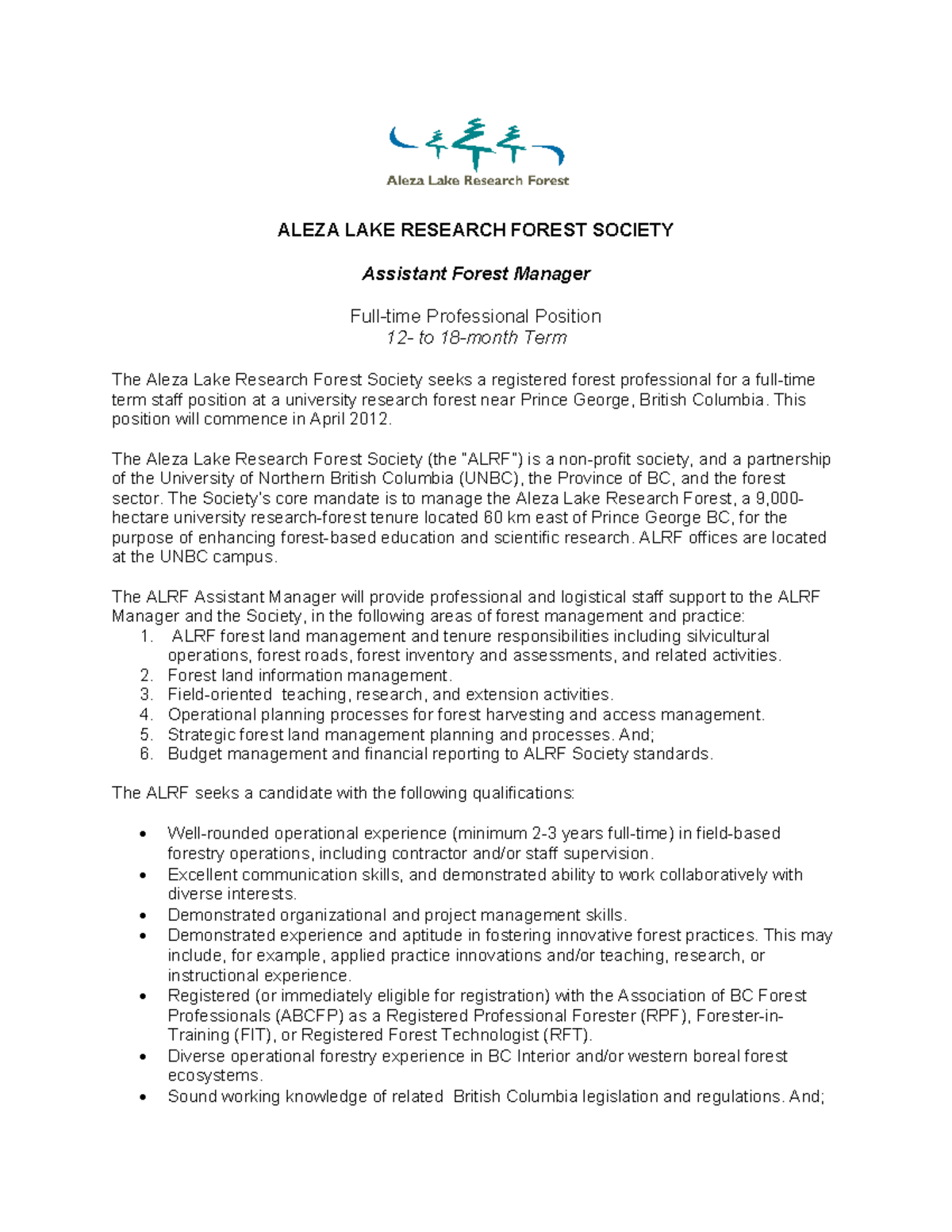 Aleza Lake Research Forest Assistant Manager - - Studocu