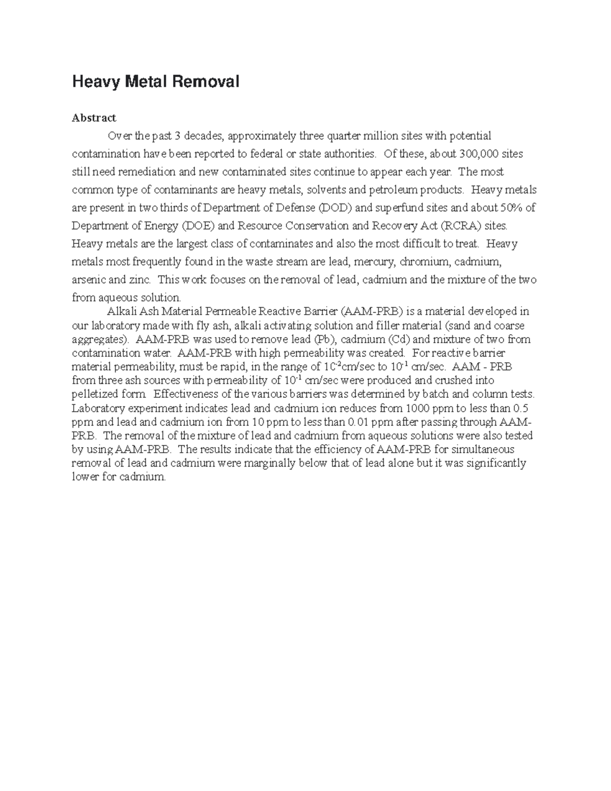 Heavy Metal Removal - Abstract - Heavy Metal Removal Abstract Over the ...