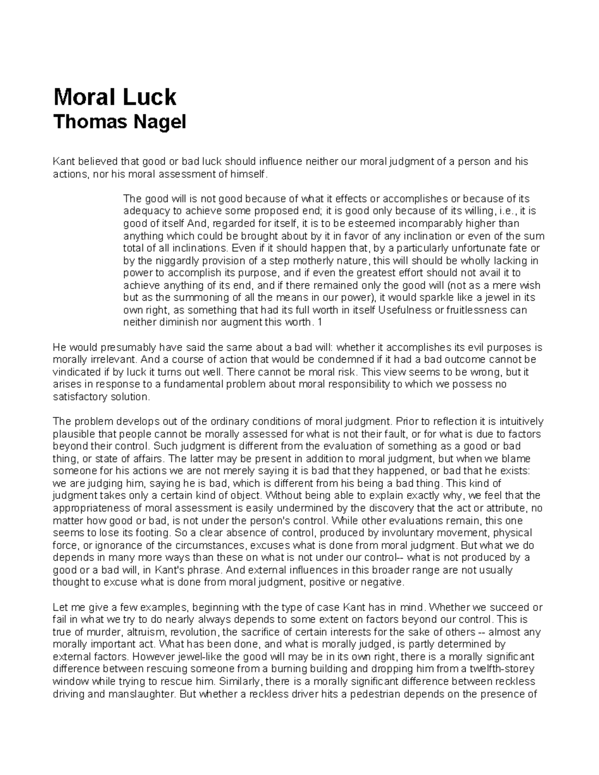 Morality- moral luck- thomas nagel - Moral Luck Thomas Nagel Kant ...