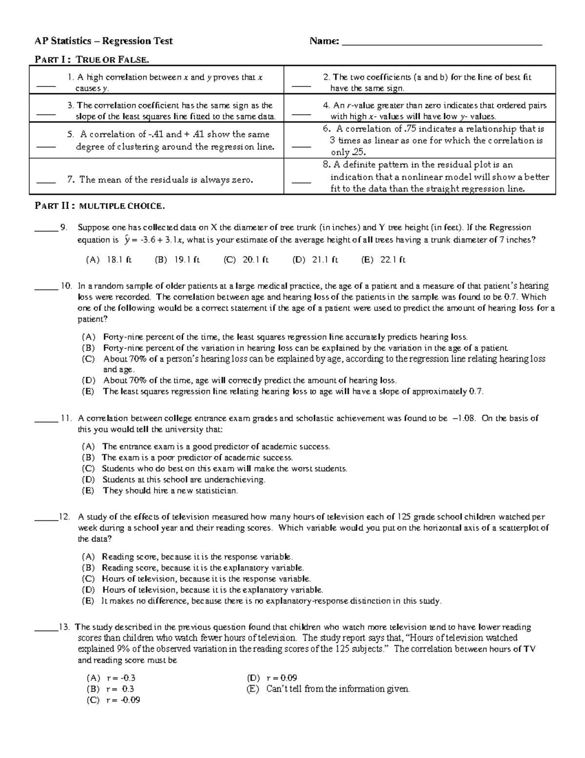Regression Test - multiple choice - AP Statistics – Regression Test ...