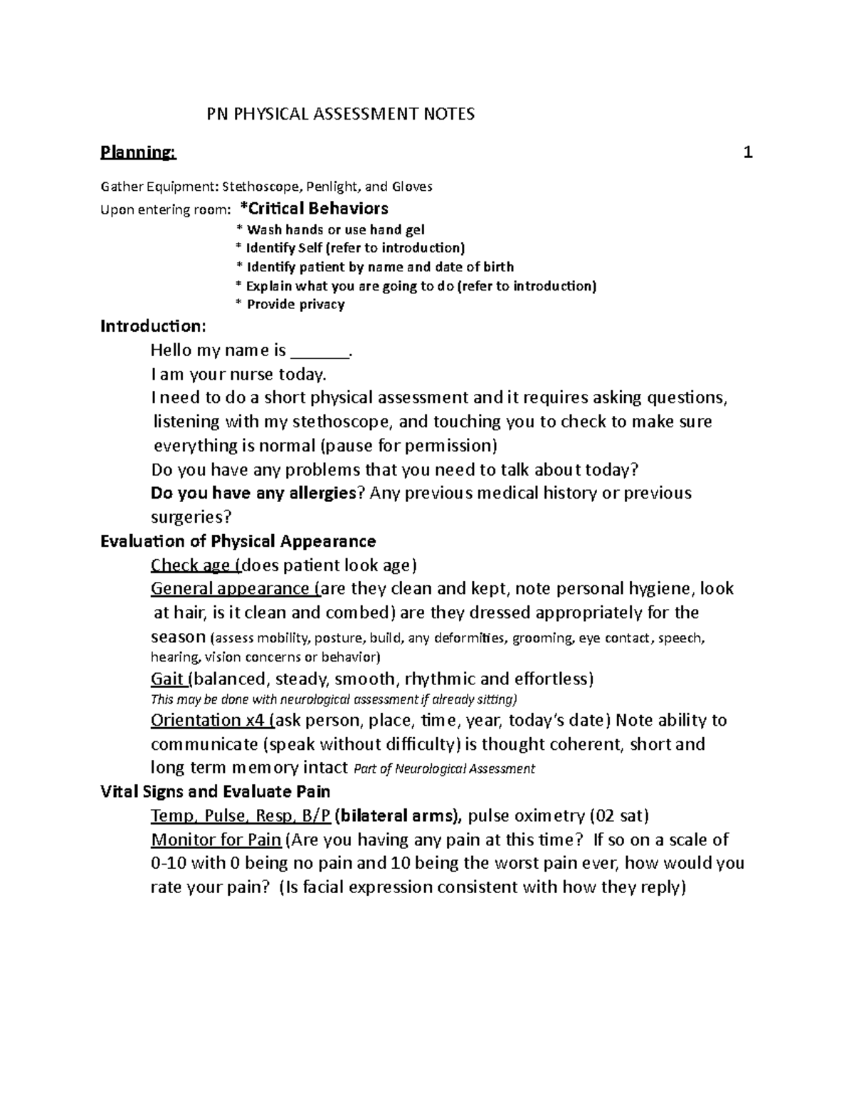 4. Physical Assessment PN Notes - PN PHYSICAL ASSESSMENT NOTES Planning ...