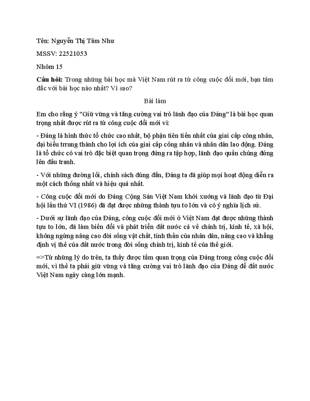 BTChuong 1 Nguyen Thi Tam Nhu 22521053 Nhom15 - Tên: Nguyễn Thị Tâm Như MSSV: 22521053 Nhóm 15 ...