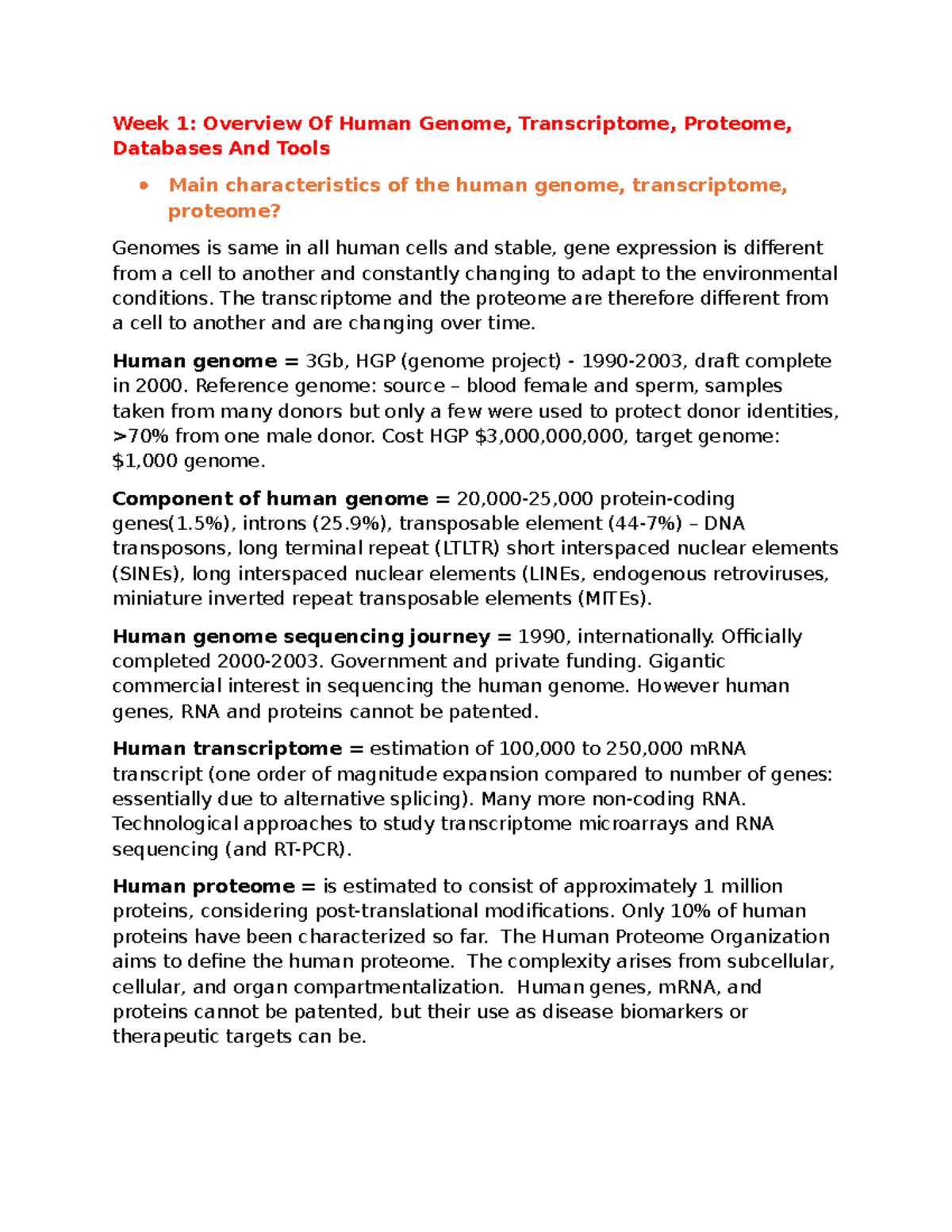 Bioinformatics Notes Week 1 Overview Of Human Genome Transcriptome Proteome Databases And