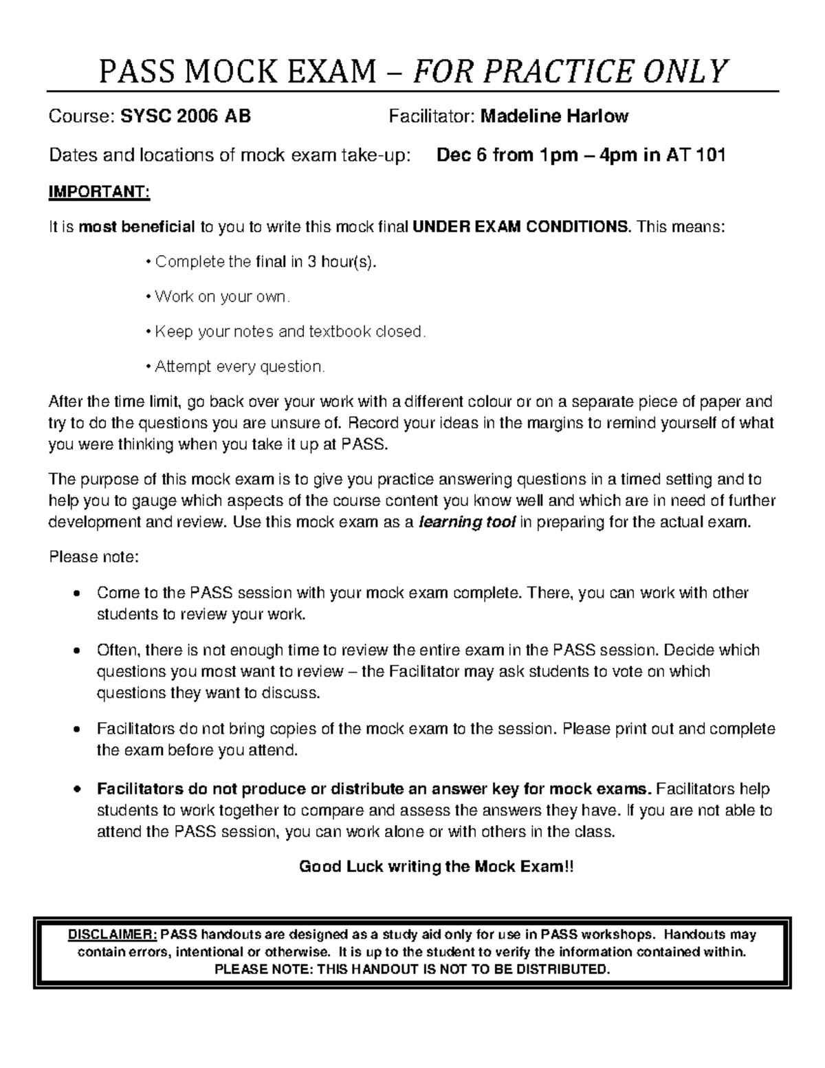 Final 2012, questions and answers - PASS MOCK EXAM – FOR PRACTICE ONLY Course: SYSC 2006 AB ...