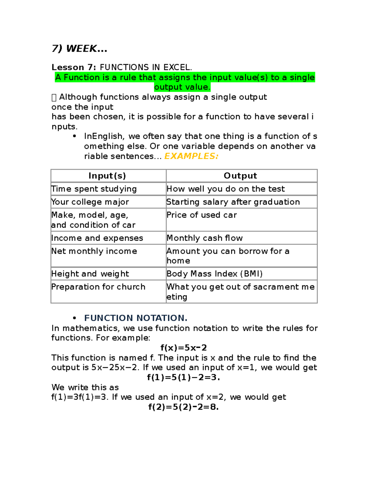 Fdmat Week 7 Notes 7 Week Lesson 7 Functions In Excel A Function Is A Rule That Assigns