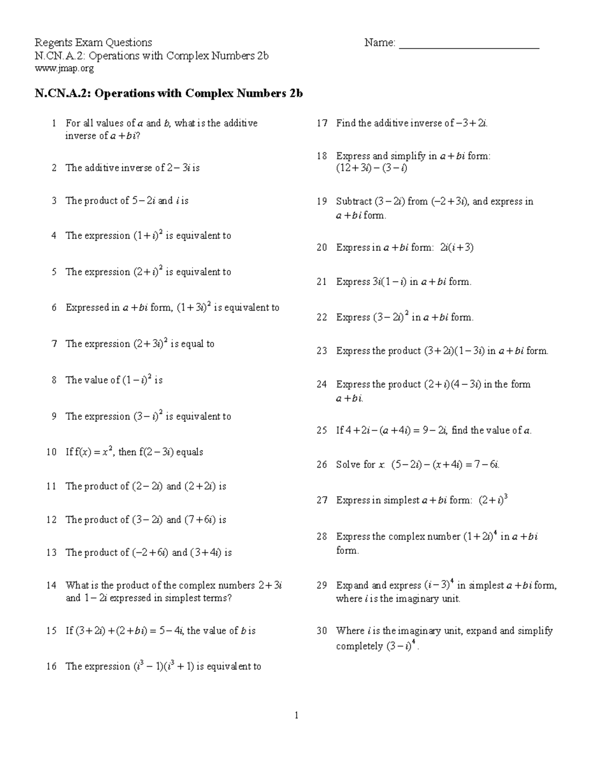 N.CN.A.2. Operations with Complex Numbers 3 - Regents Exam Questions ...